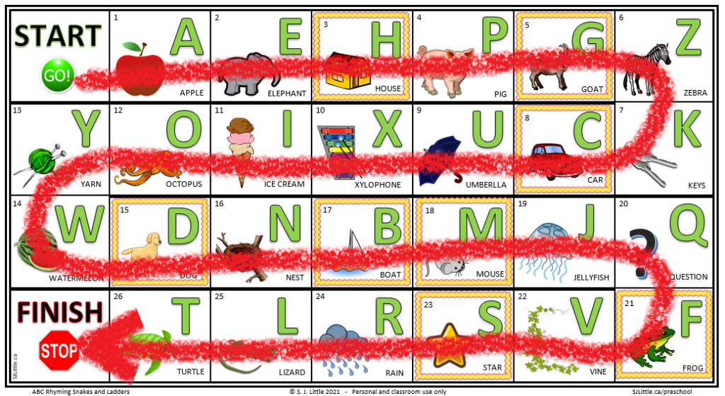 Free ABC Rhyming Snakes and Ladders Preschool Game
