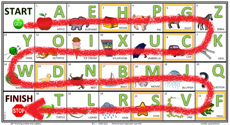 Free ABC Rhyming Snakes and Ladders Preschool Game