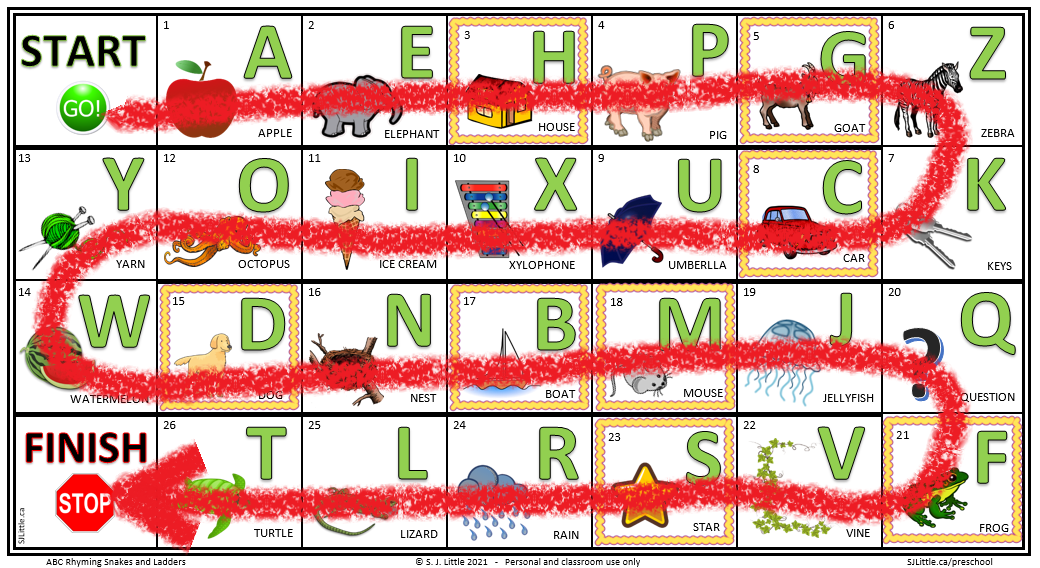 Free ABC Rhyming Snakes and Ladders Preschool Game