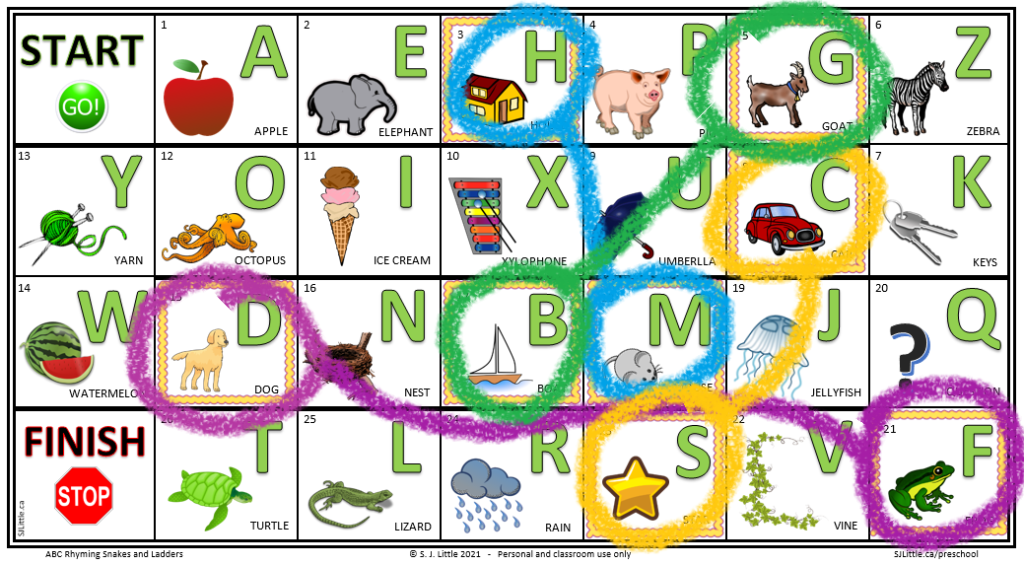Free ABC Rhyming Snakes and Ladders Preschool Game